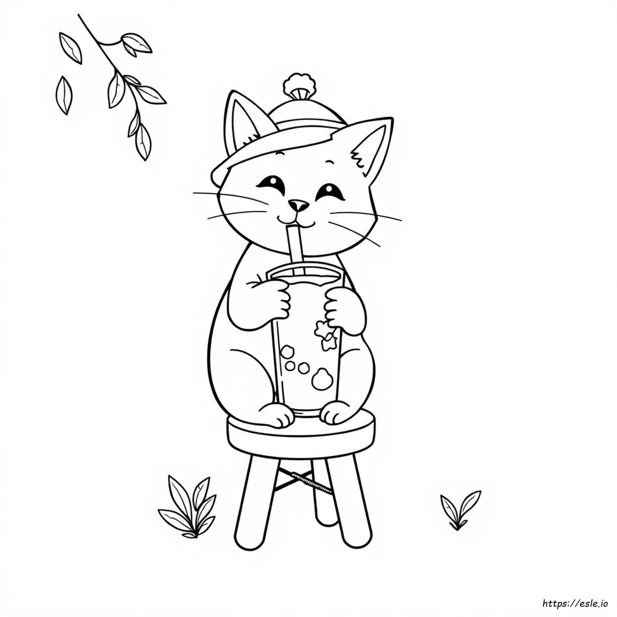 Cat Drinking Boba Coloring Page